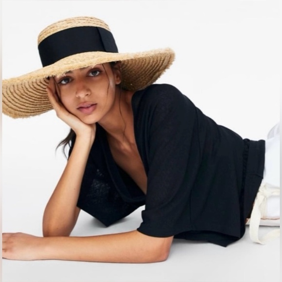 Zara | Accessories | Zara Straw Hat Raffia Wide Brim Raw Frayed Black ...